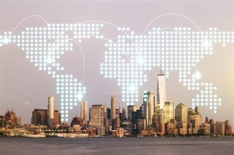 뉴욕시 스카이라인 배경 국제 거래 개념 다중 노출에 대한 연결이 있는 추상 가상 세계 지도 프리미엄 사진