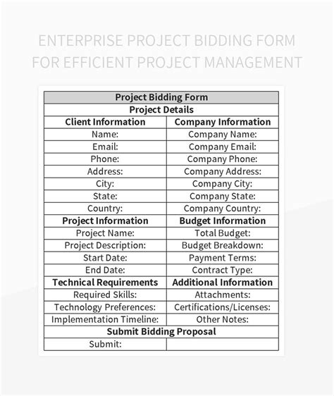 Enterprise Project Bidding Form For Efficient Project Management Excel