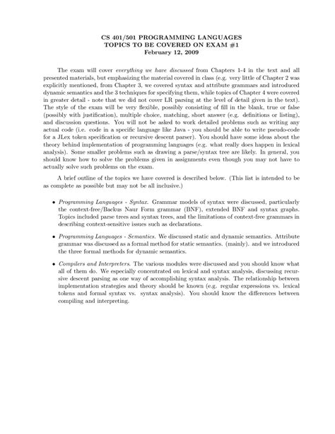 Exam 1 With Practice Questions Programming Languages Cs 401 Docsity