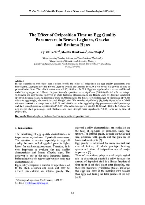 Pdf The Effect Of Oviposition Time On Egg Quality Parameters In Brown Leghorn Oravka And