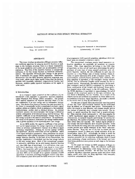 Recursive Minimum Free Energy Spectral Estimation Ieee Conference