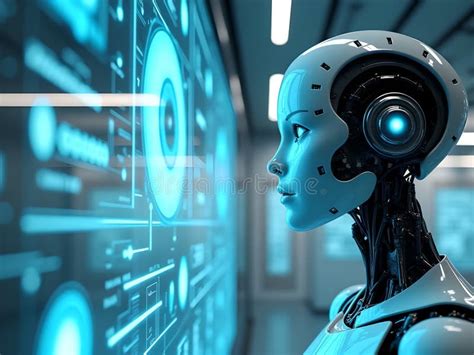 a female robot standing in front of a wall generated stock illustration
