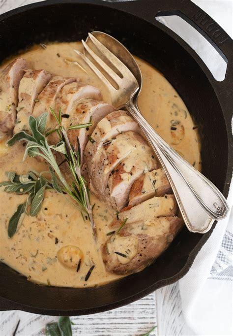 Pork Tenderloin With Creamy Herb And Garlic Sauce Seasons And Suppers