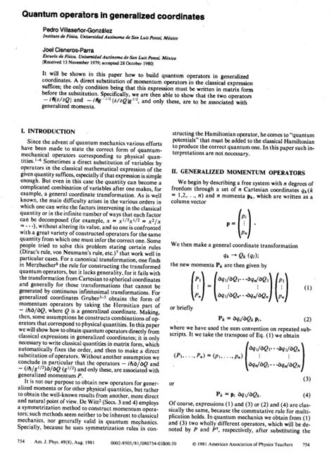 Pdf Quantum Operators In Generalized Coordinates
