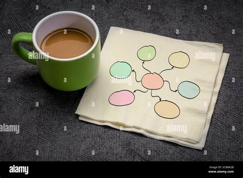 Mindmap Or Network Concept Blank Flowchart Sketched On A Napkin With A Cup Of Coffee Stock