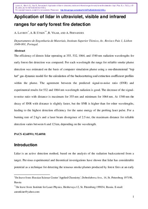 Pdf Application Of Lidar In Ultraviolet Visible And Infrared Ranges For Early Forest Fire