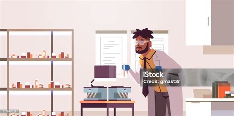 분석기 의료 기계 연구 과학 의학 개념 현대 실험실 인테리어 초상화 수평을 사용하여 제복을 입은 혈액 샘플 아프리카 계 미국인 남자와 시험관을 들고 과학자 가공의 인물에