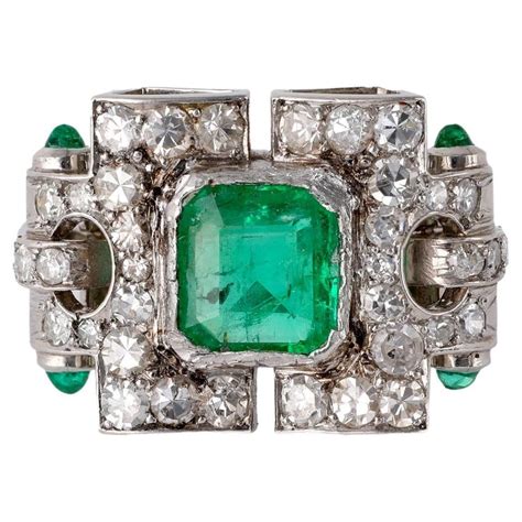 Art Deco Emerald Diamond Platinum Cocktail Ring At 1stdibs