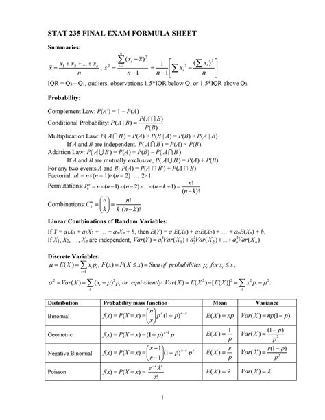 Stat 235 Formula Sheet Stat 235 Final Exam Formula Sheet Summaries N X X X X N 1 2 1