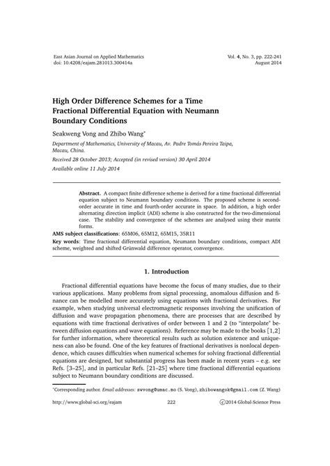 Pdf High Order Difference Schemes For A Time Fractional Differential Equation With Neumann