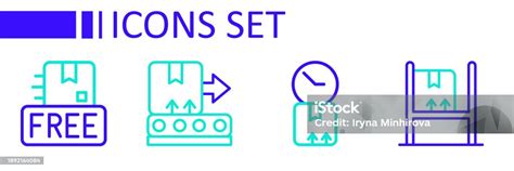 세트 라인 창고 인테리어 상자 골 판지 시계 컨베이어 벨트 및 무료 기호 아이콘 벡터 공장 산업 건물에 대한 스톡 벡터 아트 및 기타 이미지 공장 산업 건물 교통