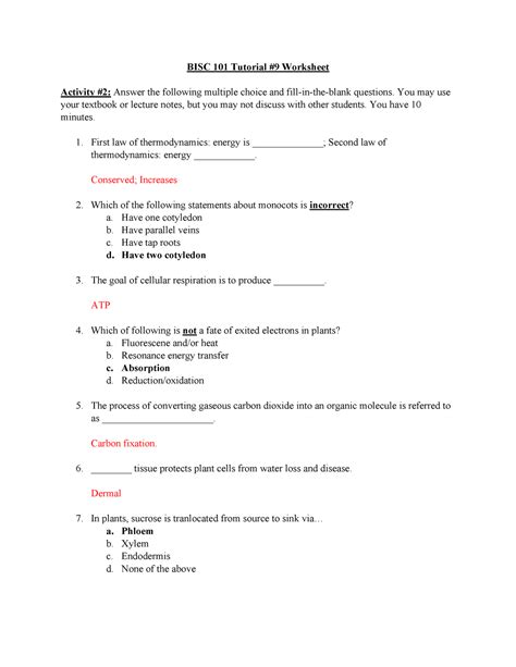 BISC Tutorial Worksheet Fall Babe Answer Key BISC Tutorial Worksheet Activity