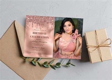 Editable Rose Gold Birthday Invitation With Picture Rose Gold Etsy