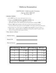 Midterm Examination For Multivariable Calculus Spring 2019 Course Hero