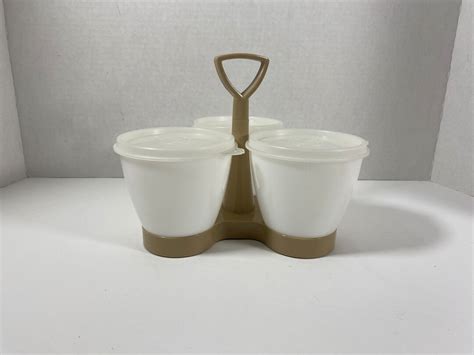 Vintage 1970s Tupperware Condiment Set 3 Cups With Lids And Caddy Collectible Tableware Nostalgic