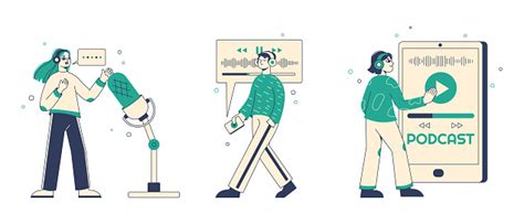 팟 캐스트 녹음 또는 듣기 블로거 방송 라디오 쇼 개념 사람들은 팟캐스트를 듣거나 음악 라디오에서 플랫 벡터 일러스트 레이 션 세트를 보여줍니다 선형 라디오 팟캐스트 캐릭터