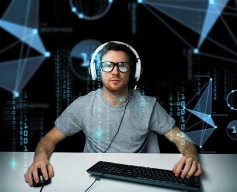 Man In Headset Hacking Computer Or Programming Stock Image Image Of Coding Male 71569243