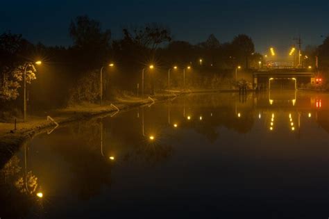 Premium Photo Reflection Of Illuminated Trees In Water At Night