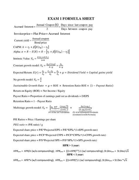 Exam 2 Formula Sheet Exam 1 Formula Sheet Daysbetween Coupon Pay Dayssince Lastcouponpay 2