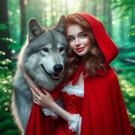 Premium Photo A Beautiful Woman In Red Riding A Wolf