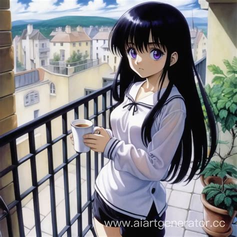Teen Girl Enjoying Hot Drink On Terrace In Hunter X Hunter Style Ai Art Generator