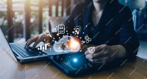 premium photo man use laptop with cloud computing diagram show on hand cloud technology data