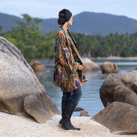 Olive Green Velvet Kimono Duster Plus Size Boho Jacket Ikat Print