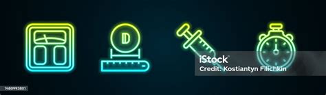 세트 라인 욕실 저울 직경 주사기 및 스톱워치 빛나는 네온 아이콘입니다 벡터 0명에 대한 스톡 벡터 아트 및 기타 이미지 0명 거리가 먼 건강 진단 Istock