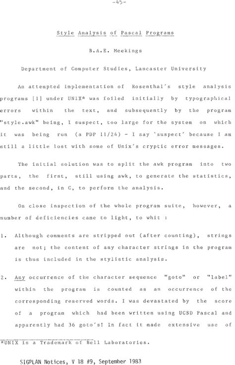 Style Analysis Of Pascal Programs Acm Sigplan Notices