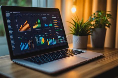 Sleek Laptop Displaying Vibrant Data Visualizations Stock Image Image