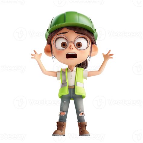 Animated Girl Construction Worker With Green Helmet And Safety Vest