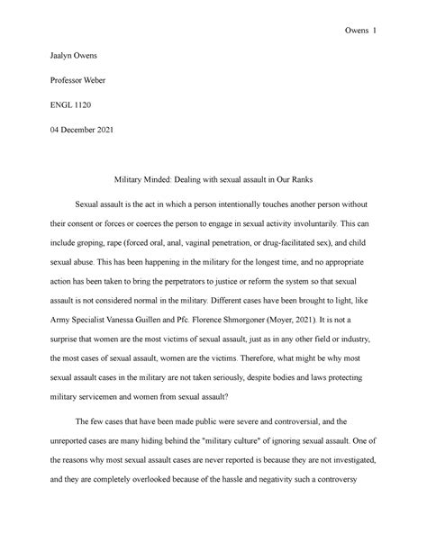 Military Minded Dealing With Sexual Assault In Our Ranks Edited Jaalyn Owens Professor Weber