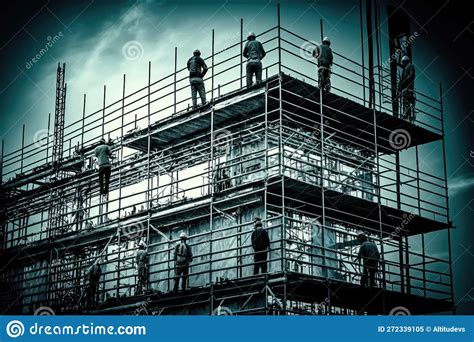 Construction Of Scaffolding Near Building And Builders Working On Frame Stock Illustration