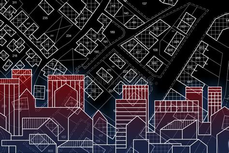 Real Estate Concept With Cityscape Residential Building Over An Imaginary Cadastral Map Of