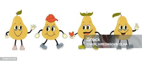 다양한 포즈와 감정을 가진 복고풍 만화 배 캐릭터 세트 그루비 배 세트 손으로 그리기 재미 있은 복고풍 빈티지 유행 스타일 배 만화 캐릭터 노스탤지어 벡터 일러스트 레이 션