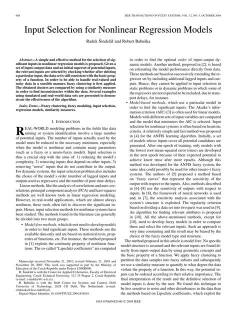 Pdf Input Selection For Nonlinear Regression Models