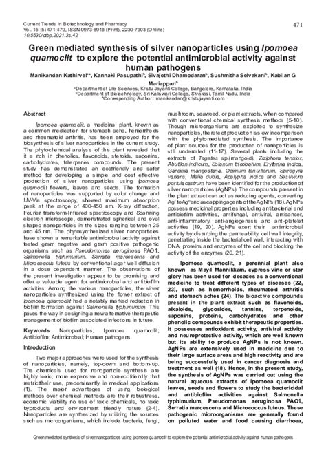 Pdf Green Mediated Synthesis Of Silver Nanoparticles Using Ipomoea Quamoclit To Explore The