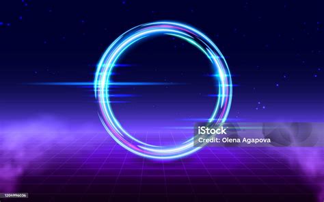 증기파 스타일 원근 그리드와 안개가 있는 빛나는 원이 있는 복고풍 풍경 전자 음악 포스터 및 벽지에 대한 배경 신디사이저와