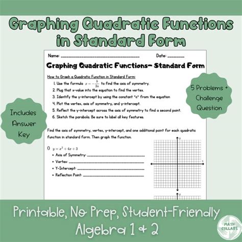 Graphing Quadratic Functions Standard Form Worksheet Answer Key