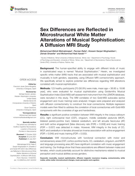 Pdf Sex Differences Are Reflected In Microstructural White Matter Alterations Of Musical