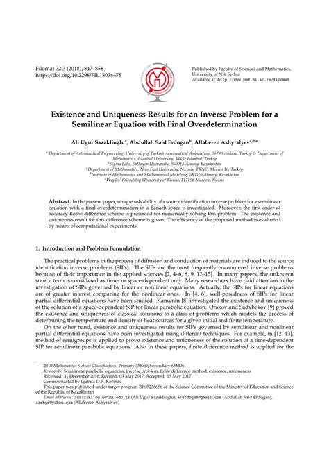 Pdf Existence And Uniqueness Results For An Inverse Problem For A Semilinear Equation With