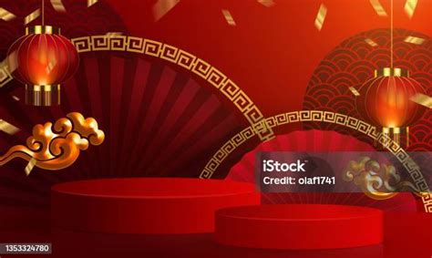3d 포디움 라운드 스퀘어 박스 무대 연단과 종이 예술 중국 새해 중국 축제 중간 가을 축제 빨간 종이 컷 팬 꽃과 배경에 공예 스타일 아시아 요소 2022년에 대한 스톡