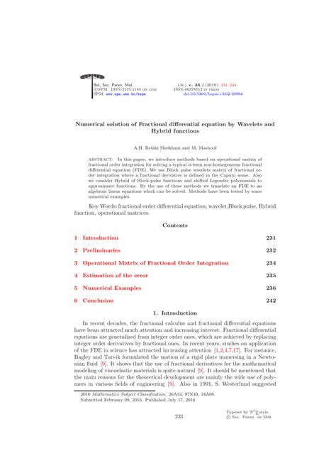 Pdf Numerical Solution Of Fractional Differential Equation By Wavelets And Hybrid Functions