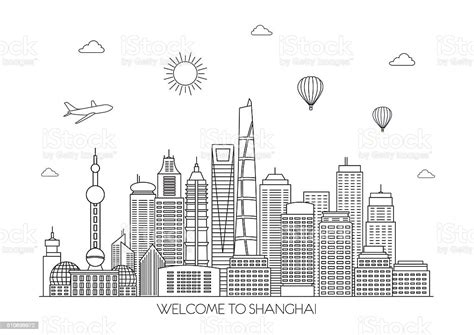 상하이 스카이라인 꺾은선형 벡터 일러스트레이션 선 스타일 디자인 상하이에 대한 스톡 벡터 아트 및 기타 이미지 상하이 벡터 스카이라인 Istock