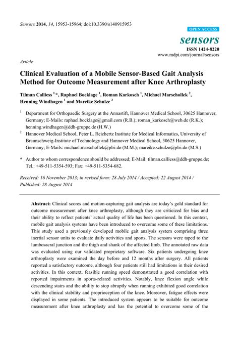 Pdf Clinical Evaluation Of A Mobile Sensor Based Gait Analysis Method For Outcome Measurement