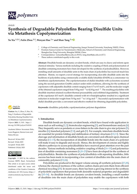 Pdf Synthesis Of Degradable Polyolefins Bearing Disulfide Units Via