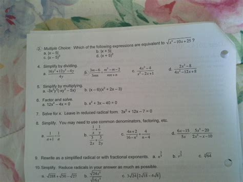 simplify each expression multiple choice which of