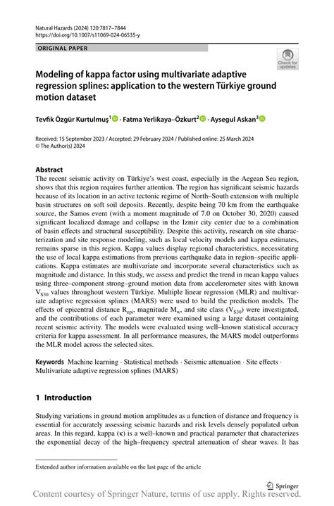 Pdf Modeling Of Kappa Factor Using Multivariate Adaptive Regression Splines Application To