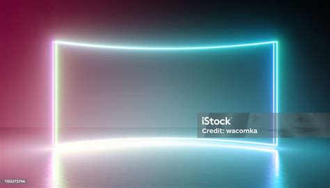3d 렌더링 추상 네온 배경 직사각형 빈 프레임 디지털 스크린 가상 현실 0명에 대한 스톡 사진 및 기타 이미지 0명 Led 조명 가상현실 Istock