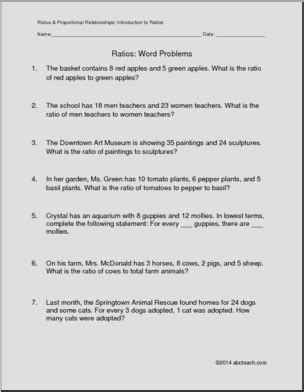 Math Ratios Word Problems Grade 6 Abcteach